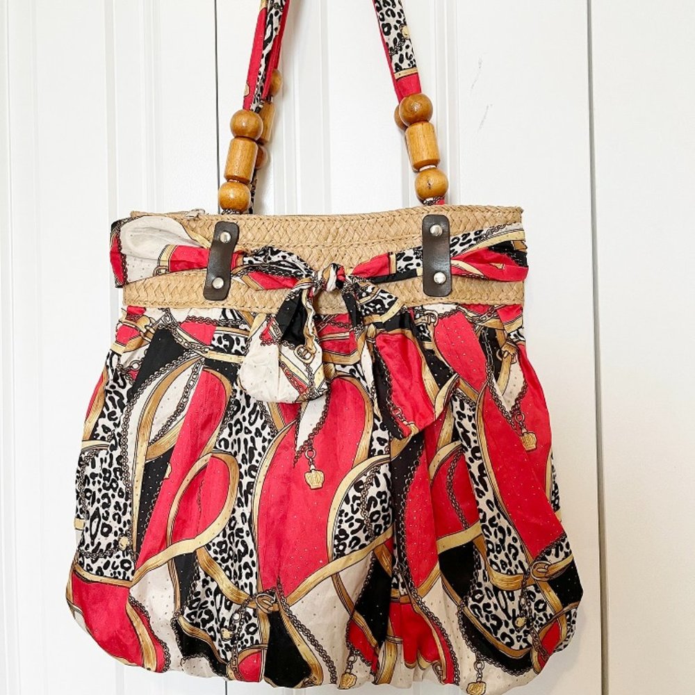 Beautiful Fabric And Raffia Bucket Shoulder Bag Red/G… - Gem